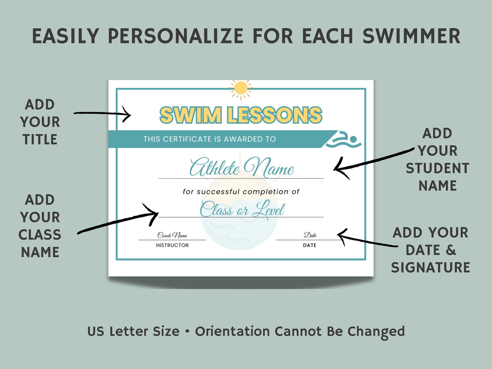 Editable Swim Lesson Certificate Template | Canva Template | Printable ...