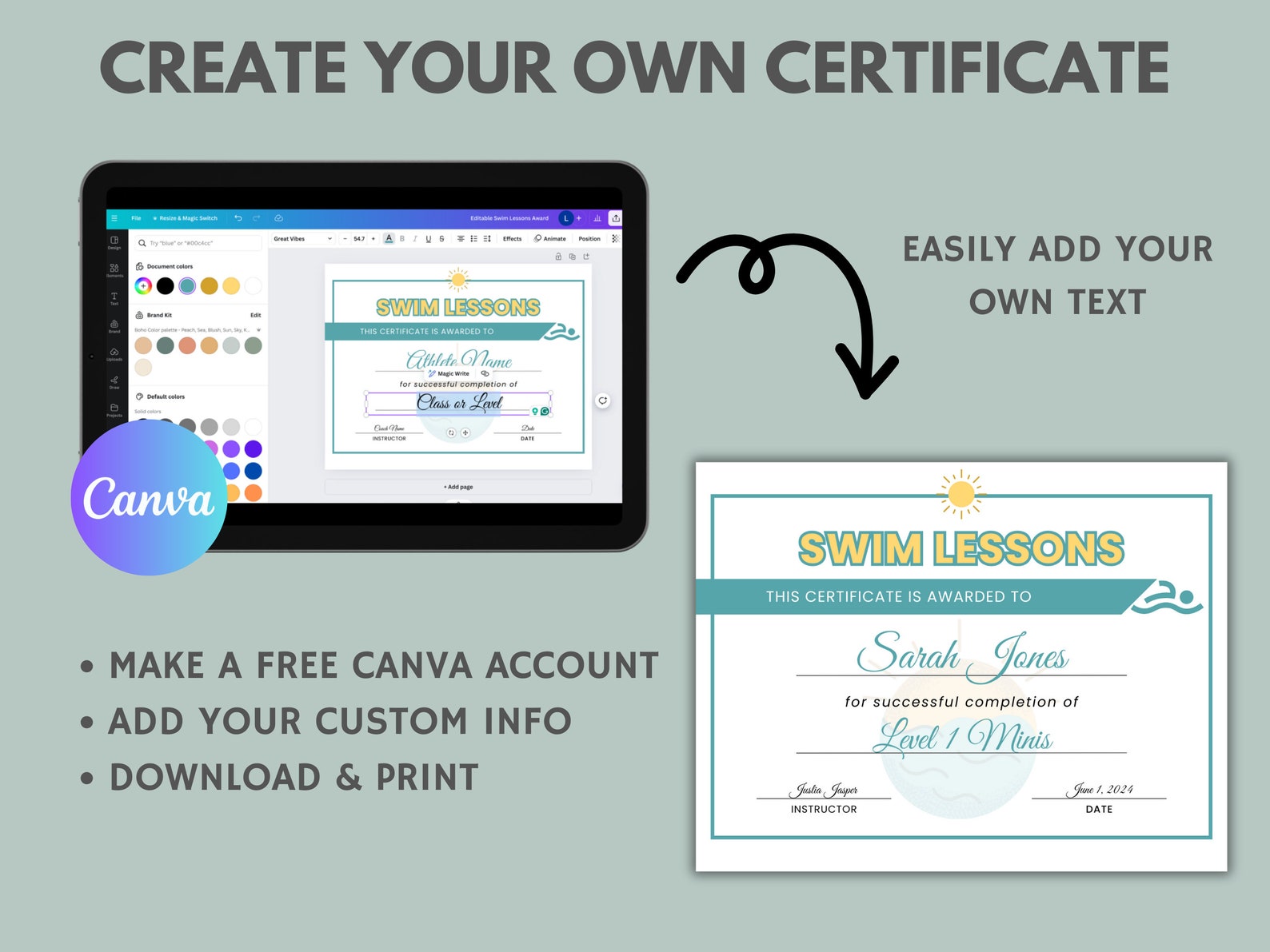 Editable Swim Lesson Certificate Template | Canva Template | Printable ...