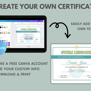 Editable Swim Lesson Certificate Template | Canva Template | Printable ...