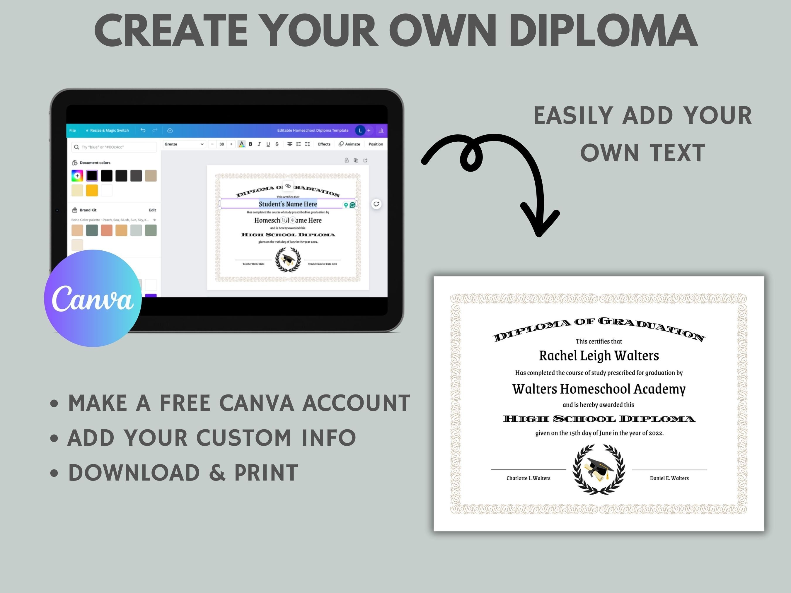 Editable Homeschool Diploma Template | Homeschool Diploma | High School ...