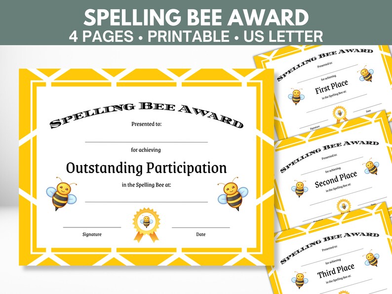 Spelling Bee Award Certificate Printable 4 Pages Including - Etsy