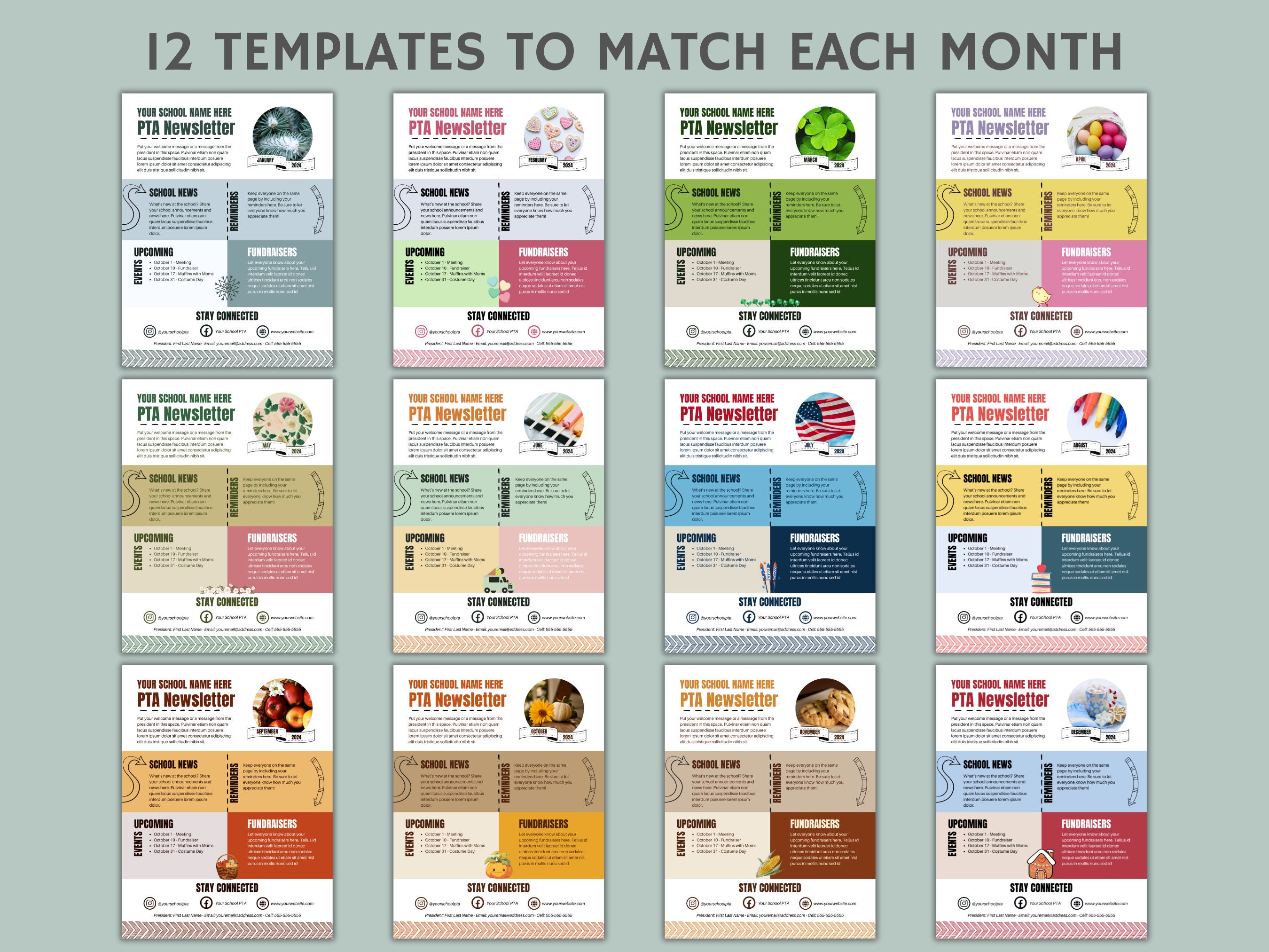PTA PTO Newsletter Editable Template Bundle | 12 Monthly Themed Canva ...