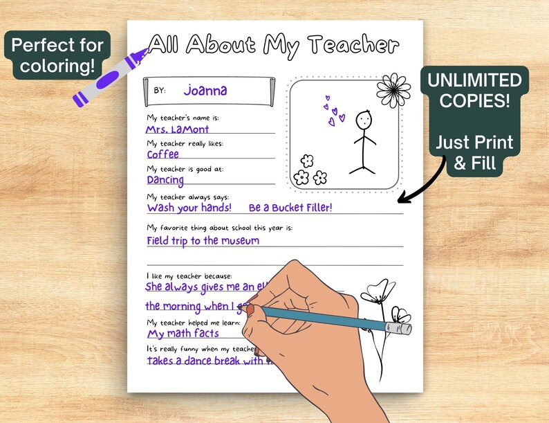 All About My Teacher Questionnaire Printable Teacher - Etsy