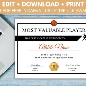 Editable Girls Basketball Certificate Awards | Canva Template | End of ...
