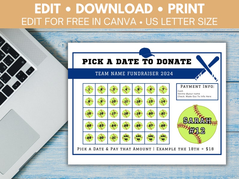 Editable Softball Calendar Fundraiser | Pick A Date Donation ...
