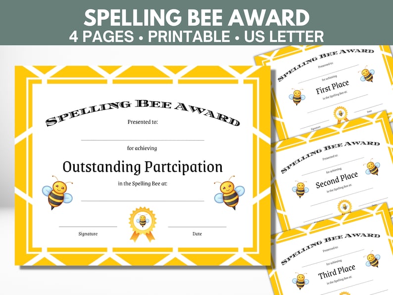 Spelling Bee Award Certificate Printable 4 Pages Including - Etsy UK