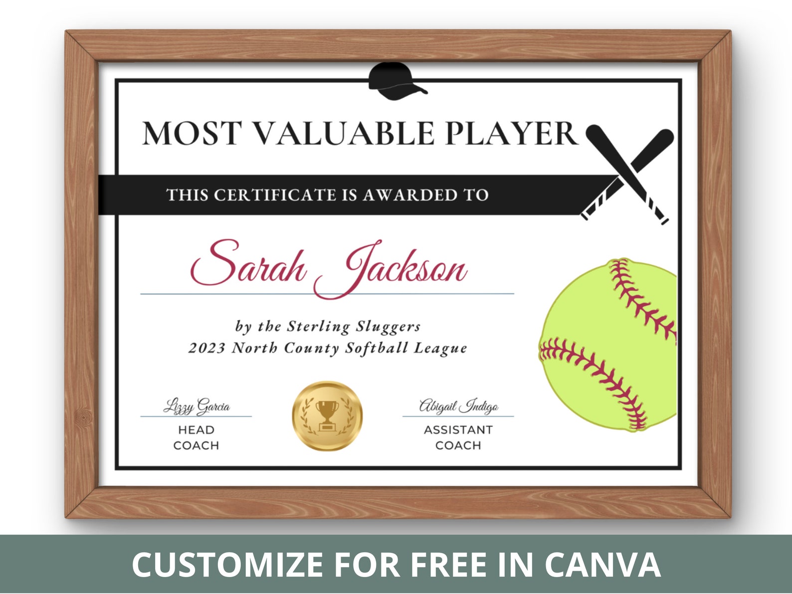 Editable Softball Award Certificate Template Canva Template Printable ...