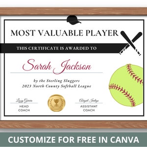 Editable Softball Award Certificate Template Canva Template Printable ...