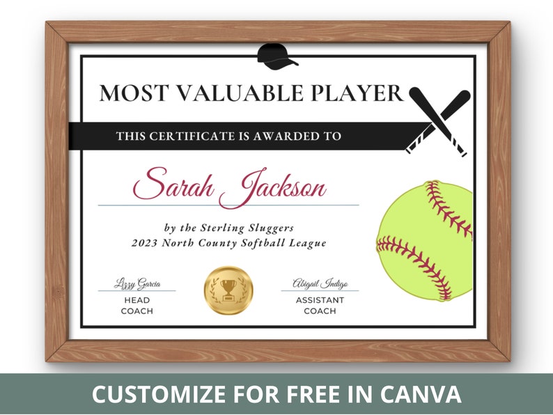 Editable Softball Award Certificate Template Canva Template Printable ...