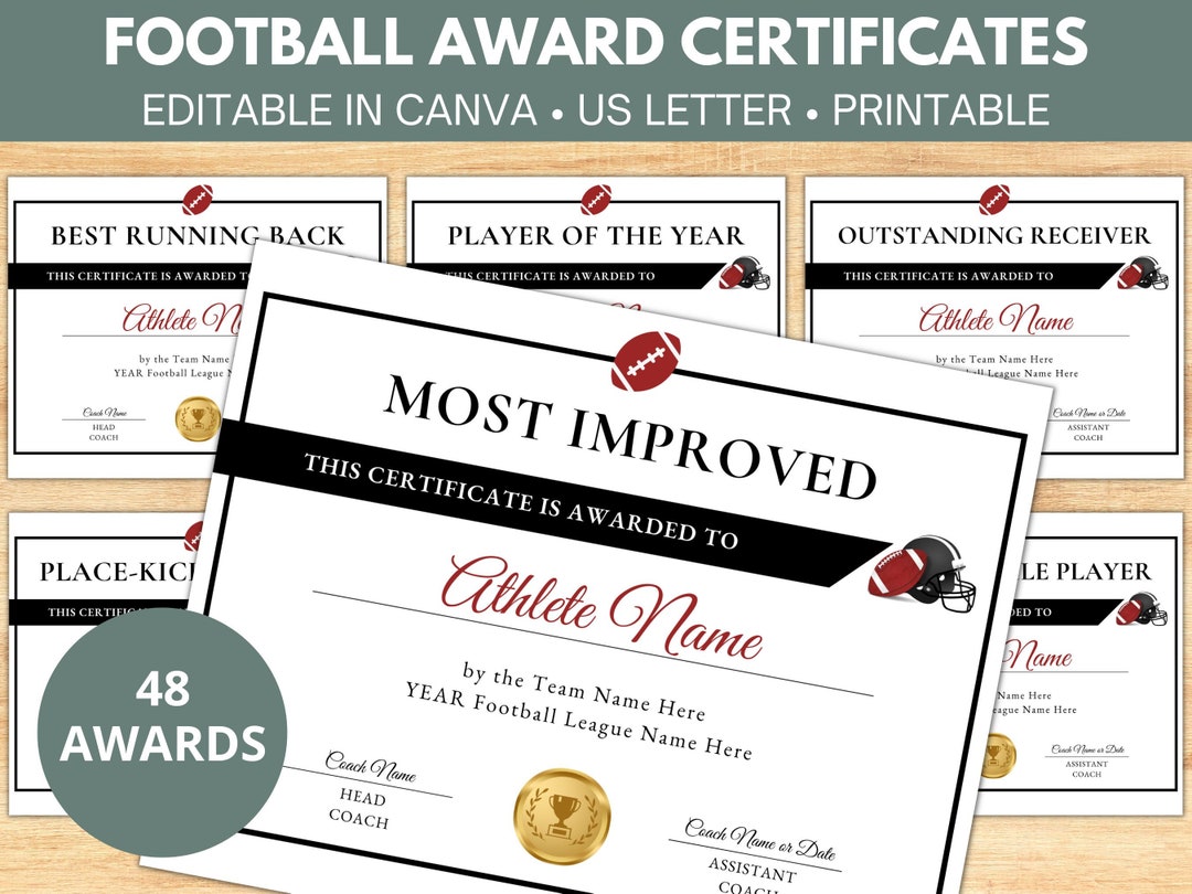 Editable Football Award Certificates Canva Template Printable End of ...