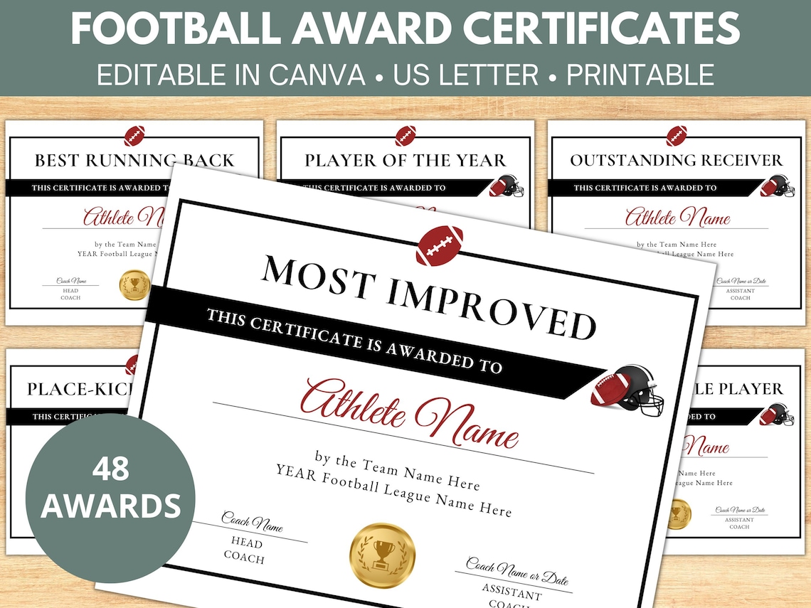 Editable Football Award Certificates Canva Template Printable End of ...
