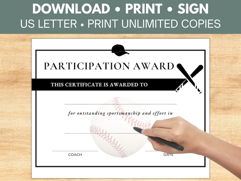 Printable Baseball Award Certificate Participation Award - Etsy
