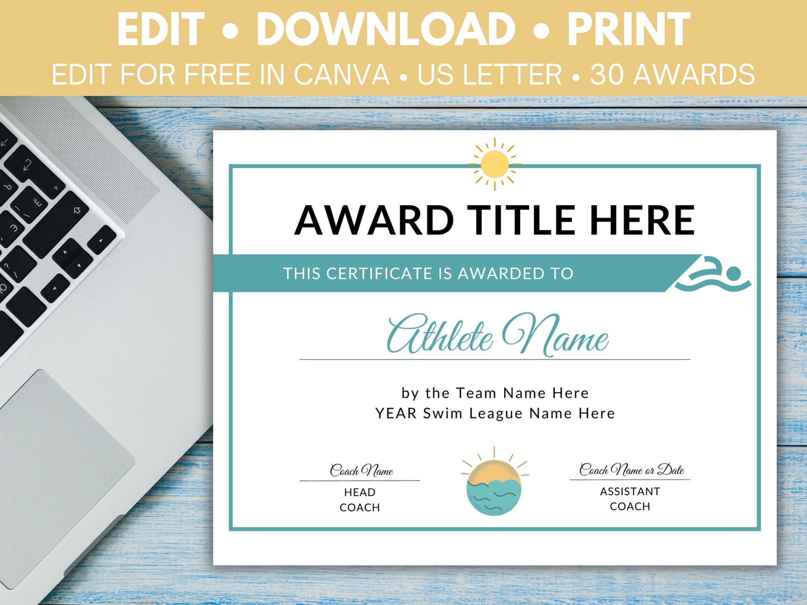 Editable Swim Team Certificate Template | Canva Template | End of ...
