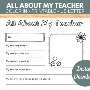 All About My Teacher Questionnaire Printable Teacher - Etsy