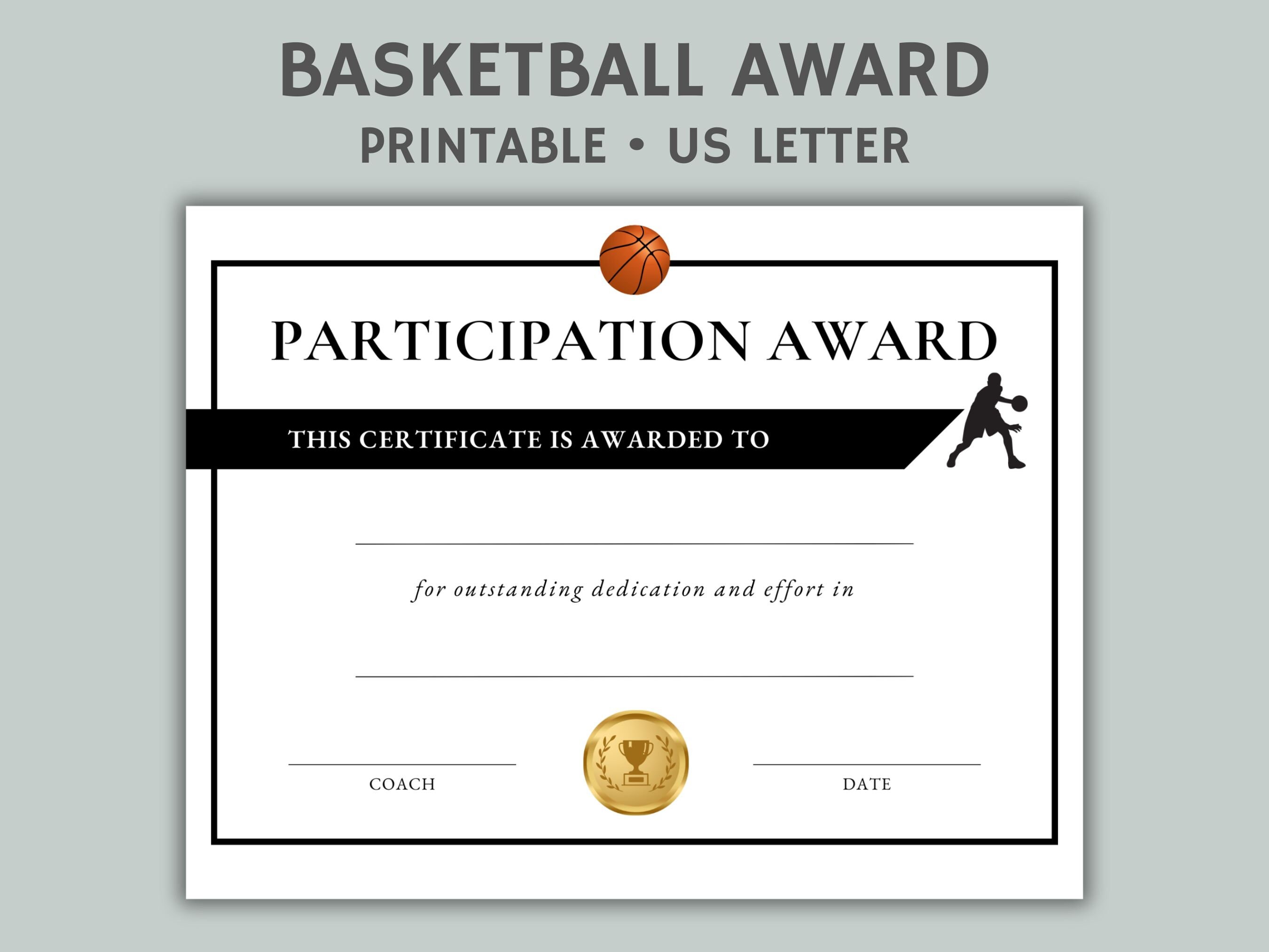 Printable Basketball Certificate Award | Basketball Participation Award ...