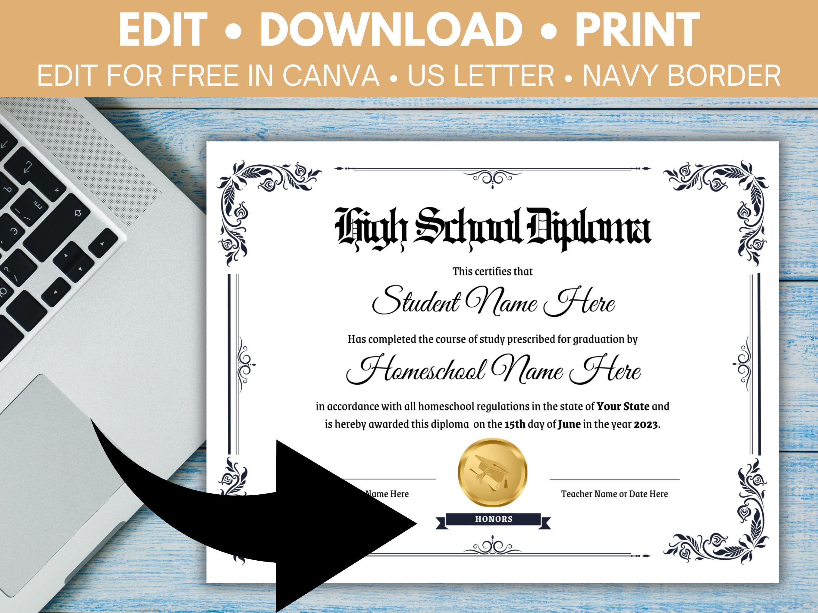 Editable Honors Homeschool Diploma Template | Homeschool Diploma | High ...