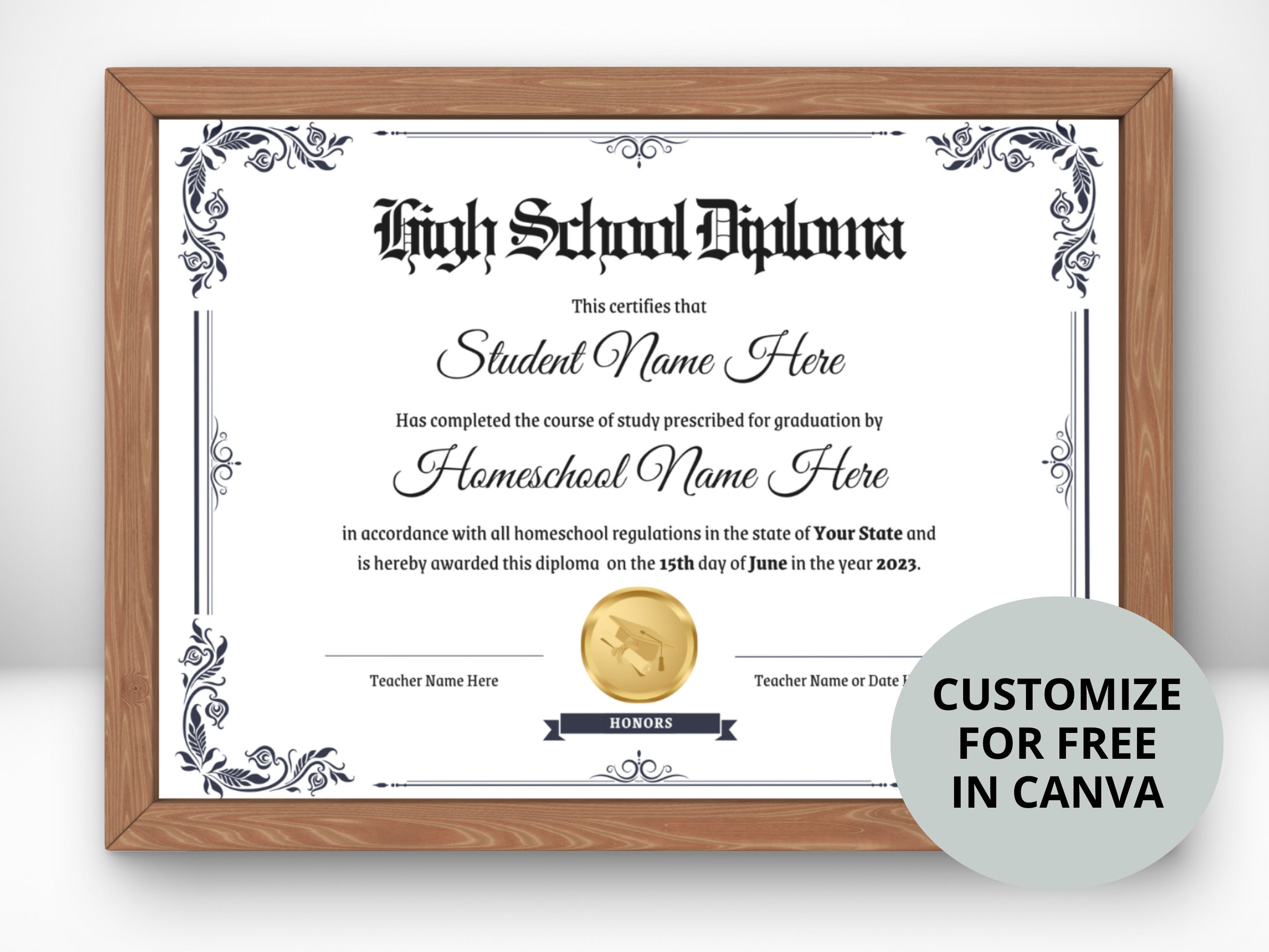 Editable Honors Homeschool Diploma Template | Homeschool Diploma | High ...