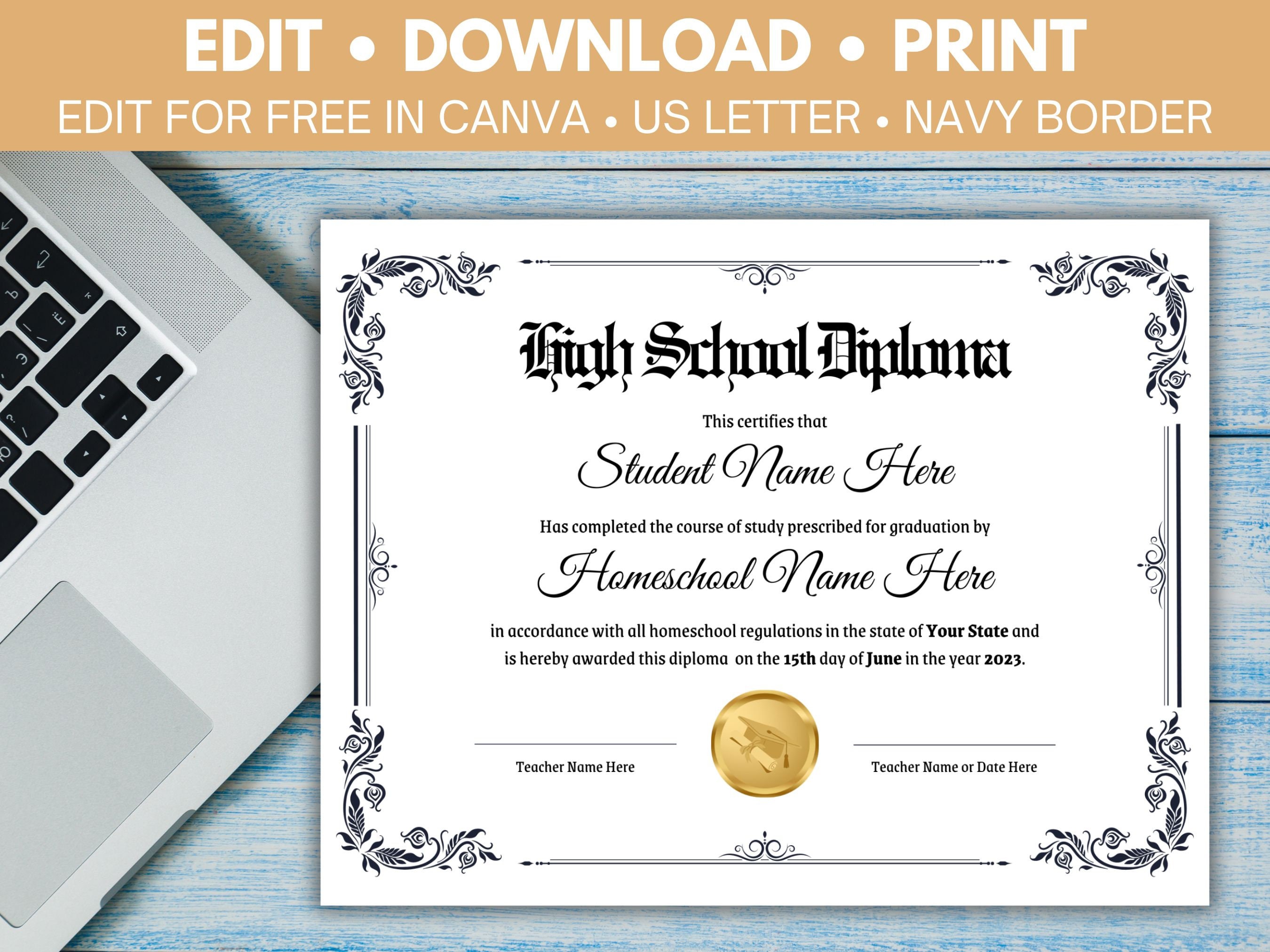 Editable Homeschool Diploma Template | Homeschool Diploma | High School ...