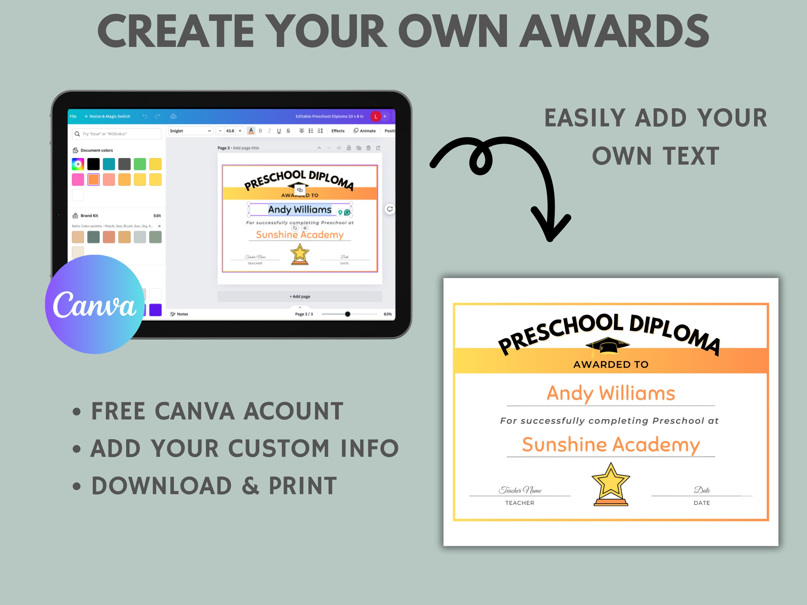 Editable Preschool Diploma Template Printable Diploma Canva Template ...