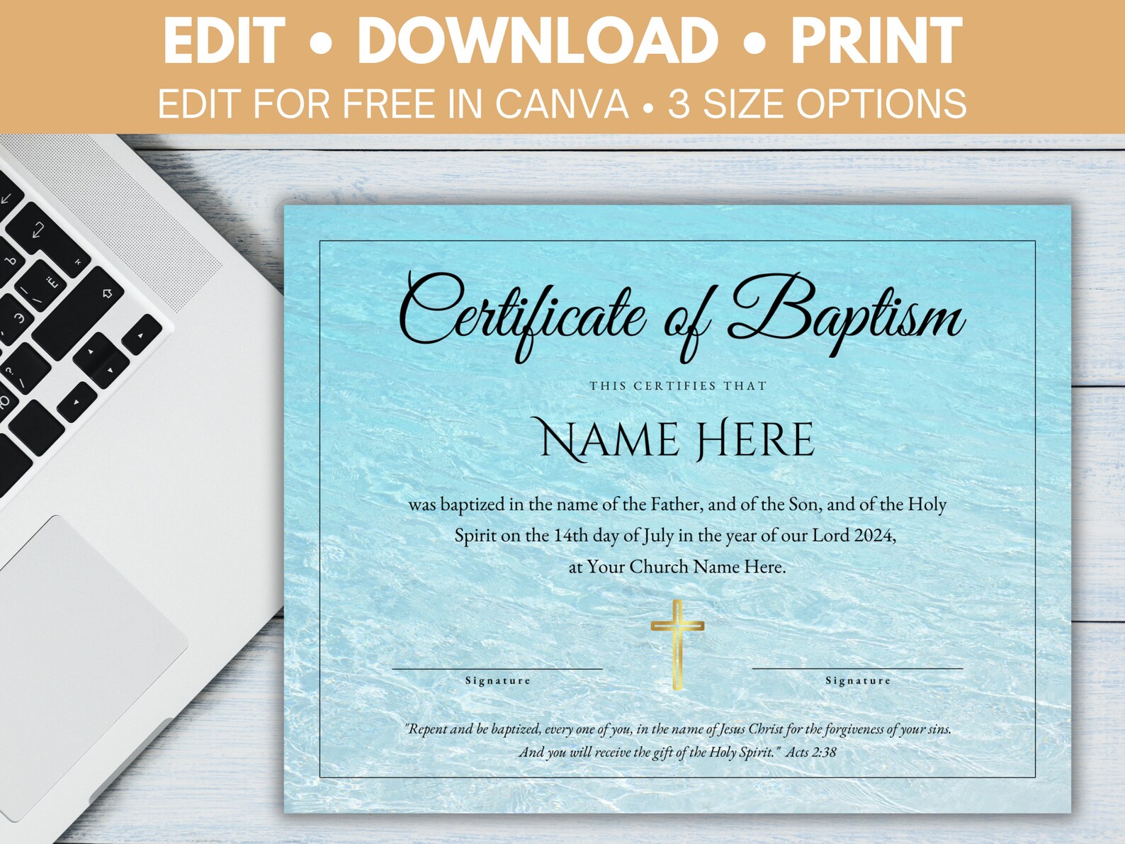 Editable Baptism Certificate Template | Printable Water Baptism ...