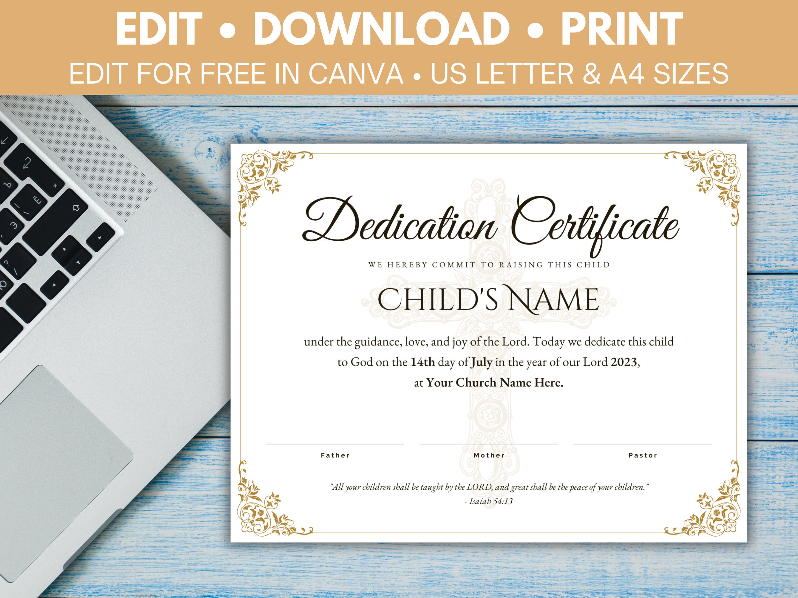 Baby Dedication Certificate Template | Baptism Certificate | Printable ...