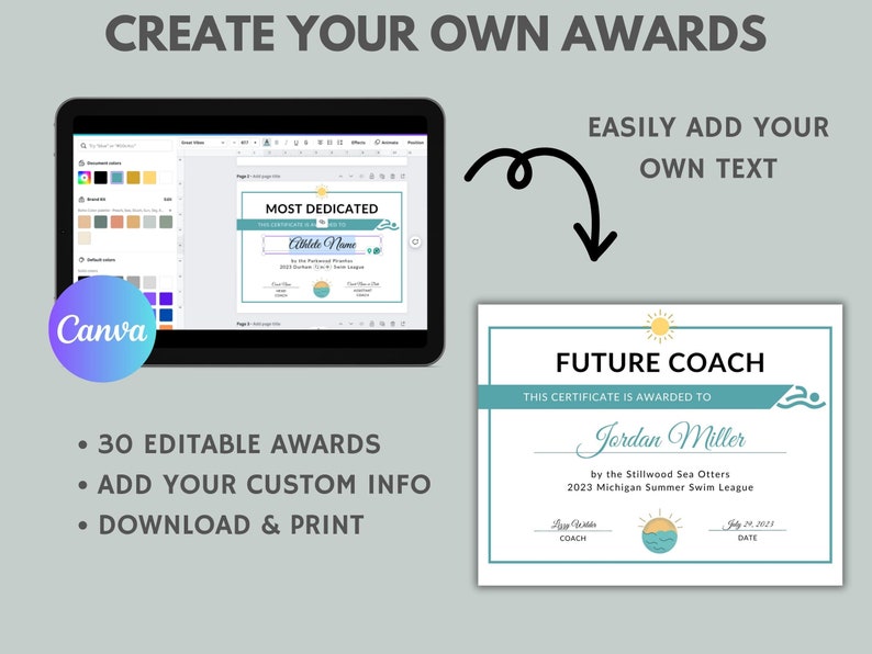 Editable Swim Team Certificate Template | Canva Template | End of ...
