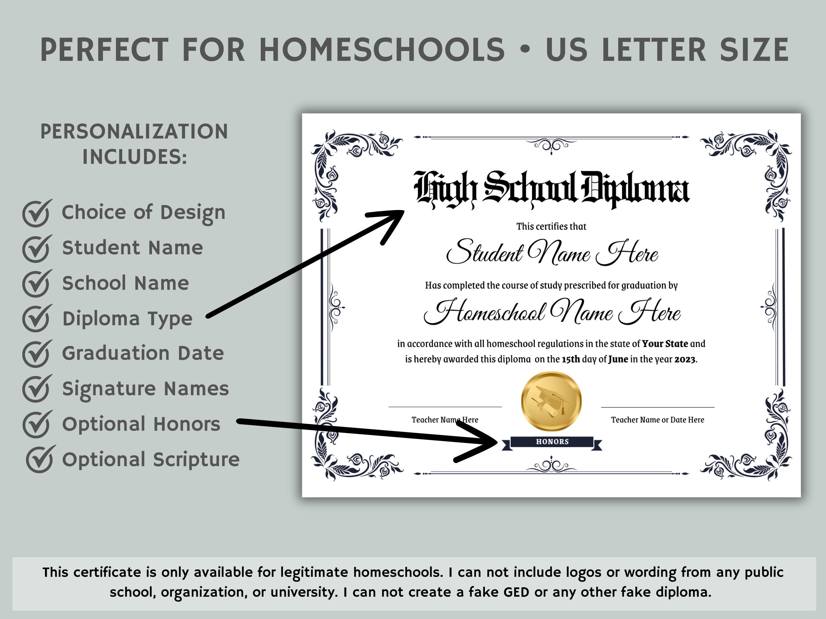 Personalized Homeschool Diploma Printable 5 Design Options Custom Made ...