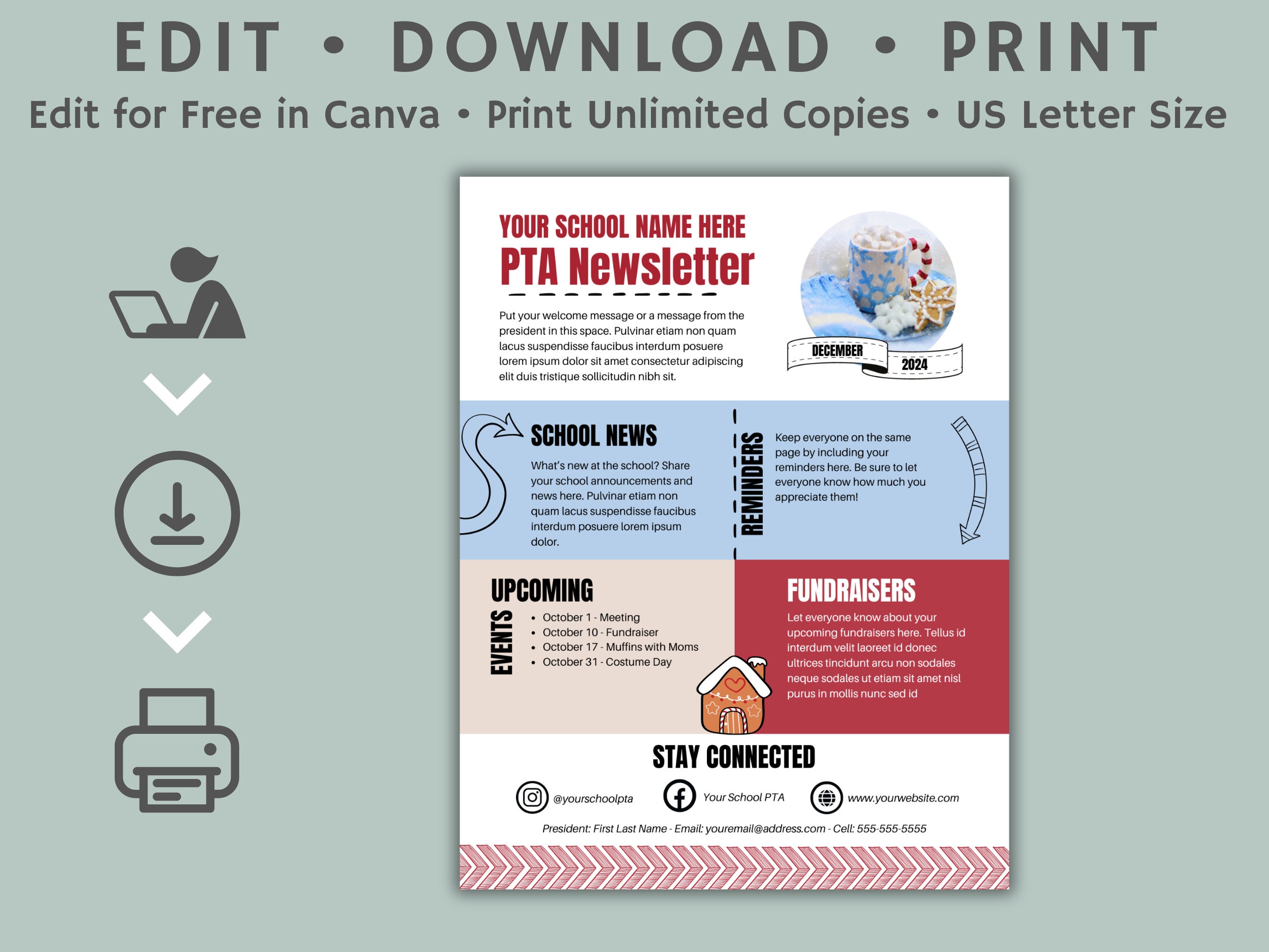 PTA PTO Newsletter Editable Template Bundle | 12 Monthly Themed Canva ...