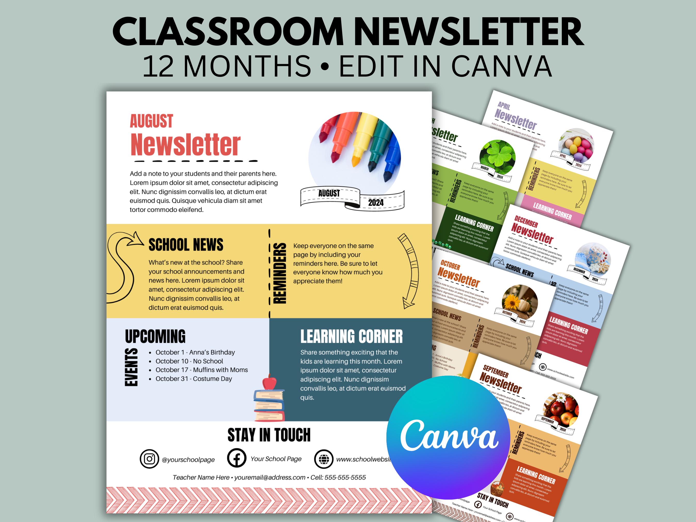 Monthly Classroom Newsletter | Canva Newsletter Template | Daycare ...