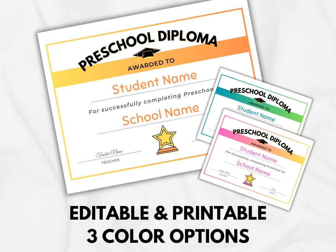 Editable Preschool Diploma Template | Printable Diploma | Canva ...