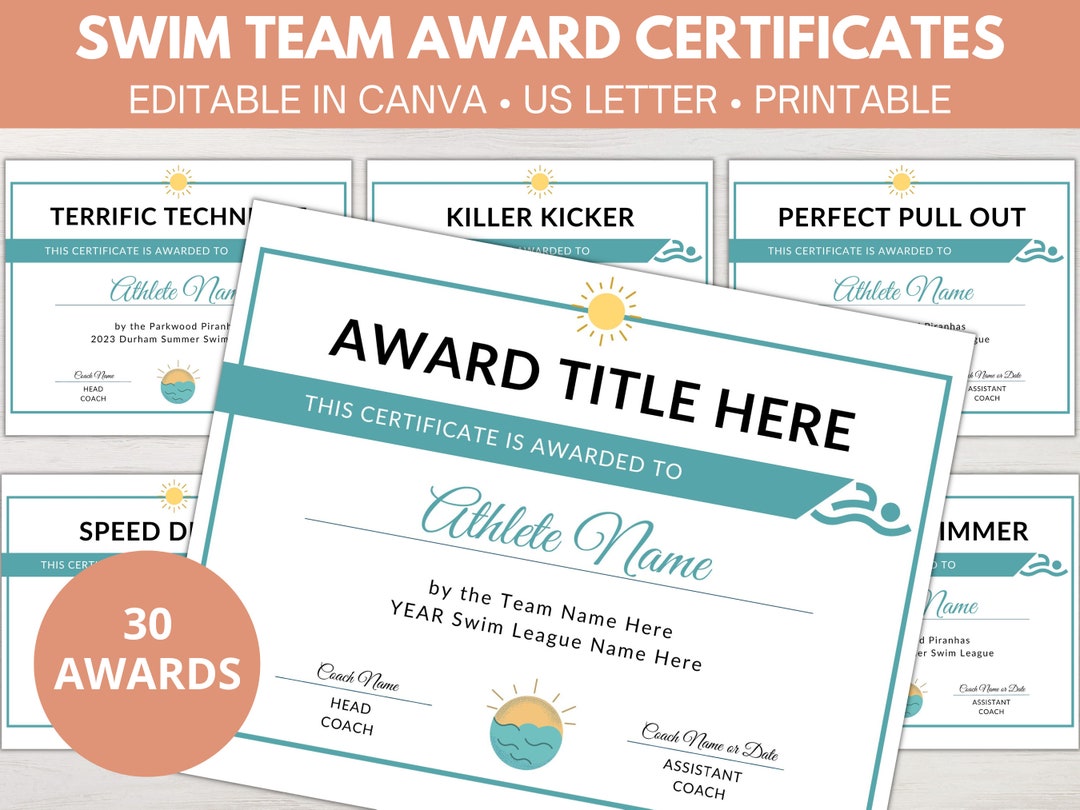 Editable Swim Team Certificate Template Canva Template End - Etsy