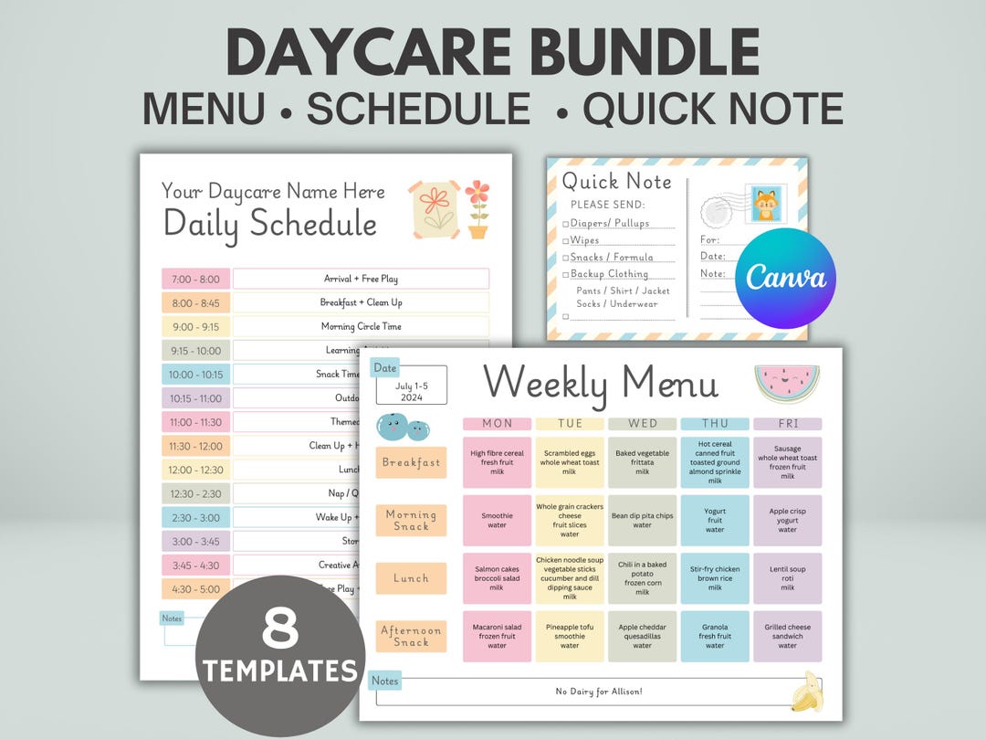 Daycare Forms Bundle | Daycare Weekly Menu | Daycare Daily Schedule ...
