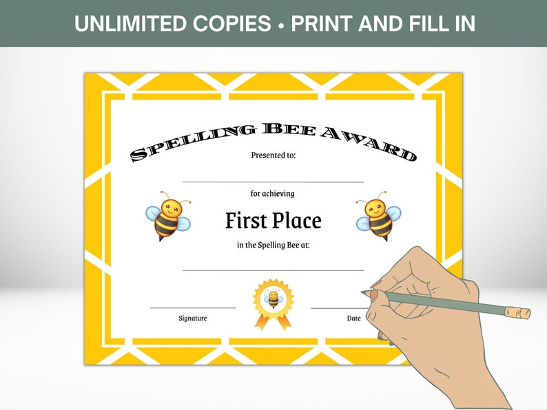 Spelling Bee Award Certificate Printable 4 Pages Including - Etsy