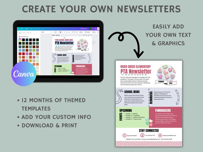 PTA PTO Newsletter Editable Template Bundle | 12 Monthly Themed Canva ...