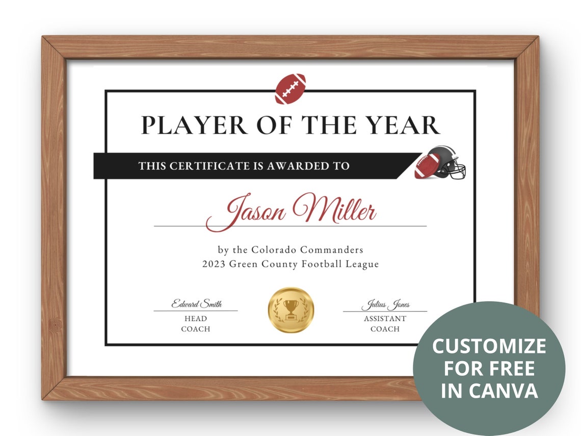 Editable Football Award Certificates Canva Template Printable End of ...