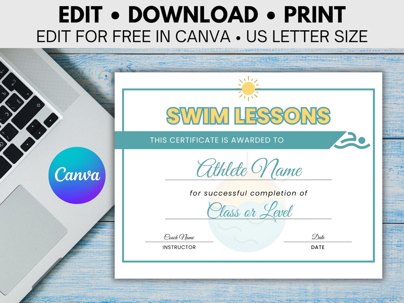 Editable Swim Lesson Certificate Template | Canva Template | Printable ...