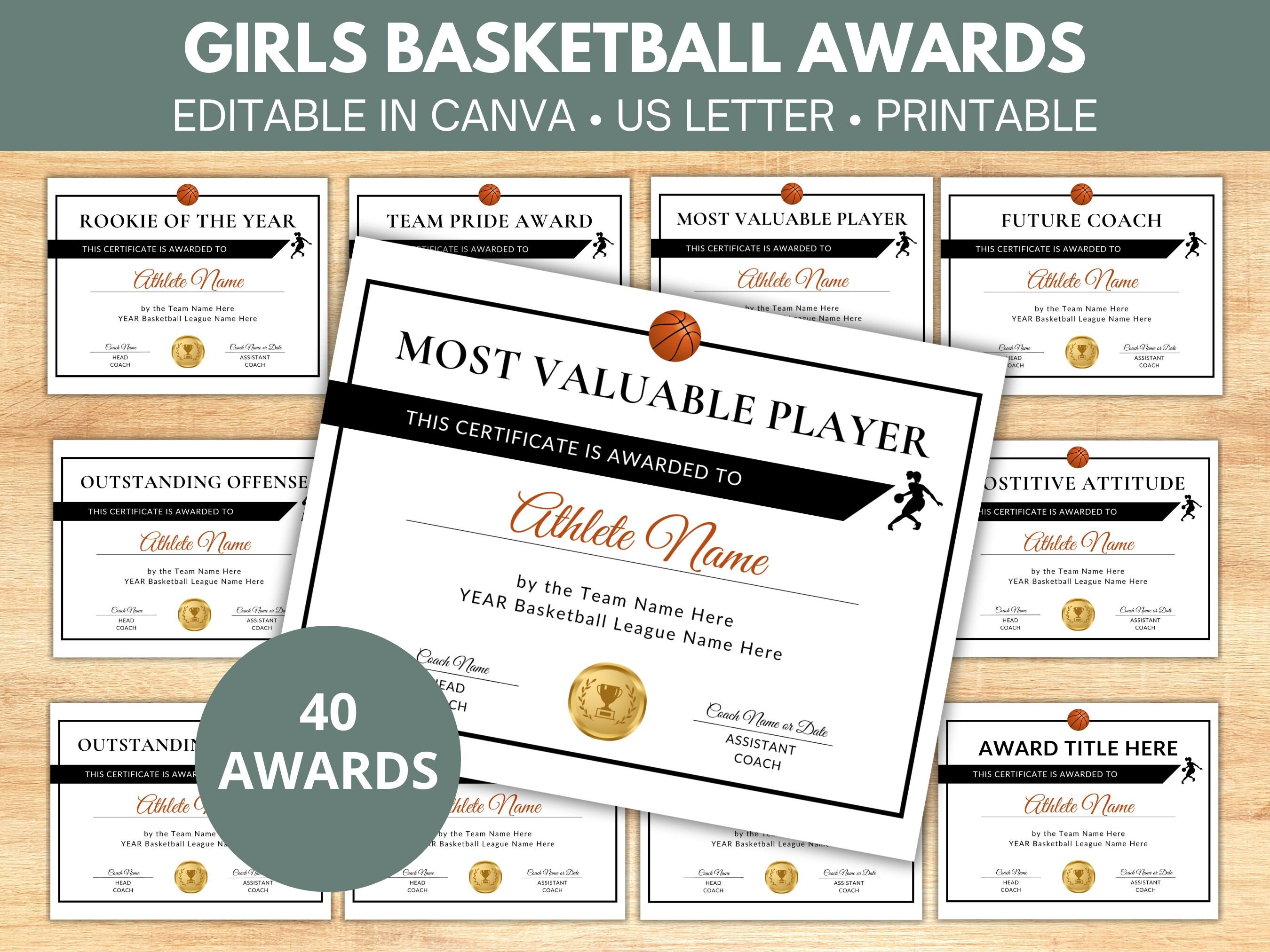 Editable Girls Basketball Certificate Awards | Canva Template | End of ...