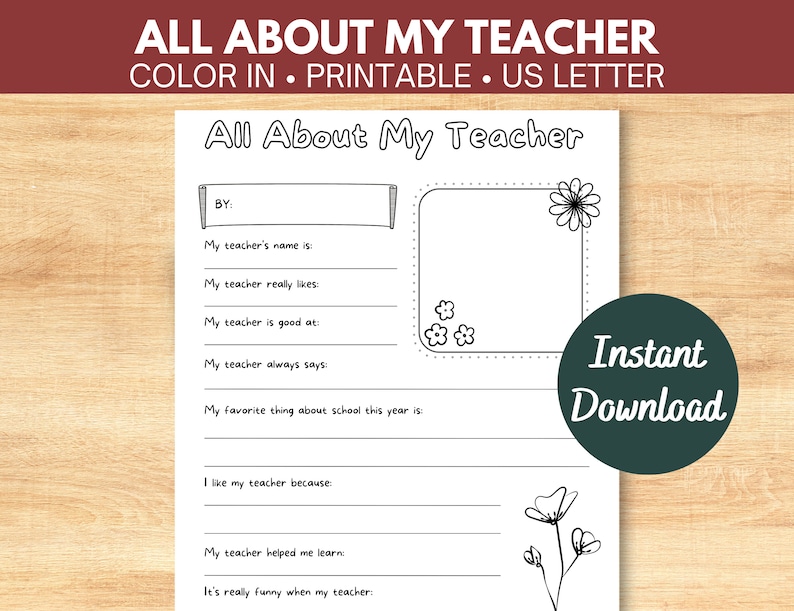 All About My Teacher Questionnaire Printable Teacher - Etsy