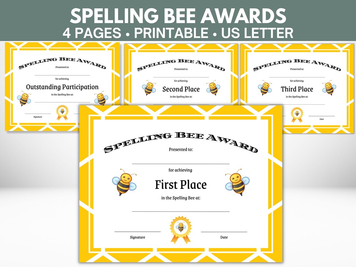 Spelling Bee Award Certificate | Printable | 4 Pages Including First ...