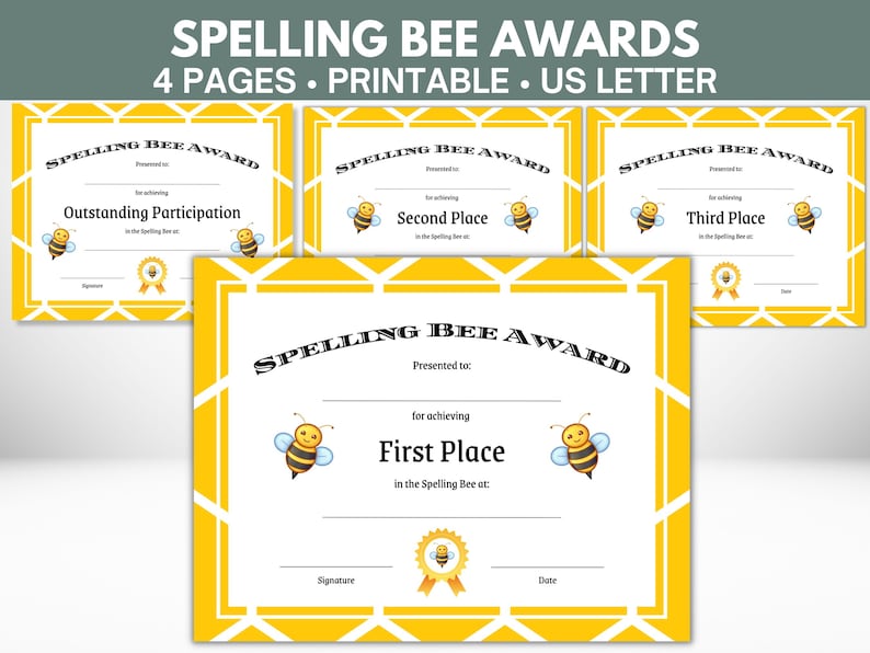 Spelling Bee Award Certificate | Printable | 4 Pages Including First ...
