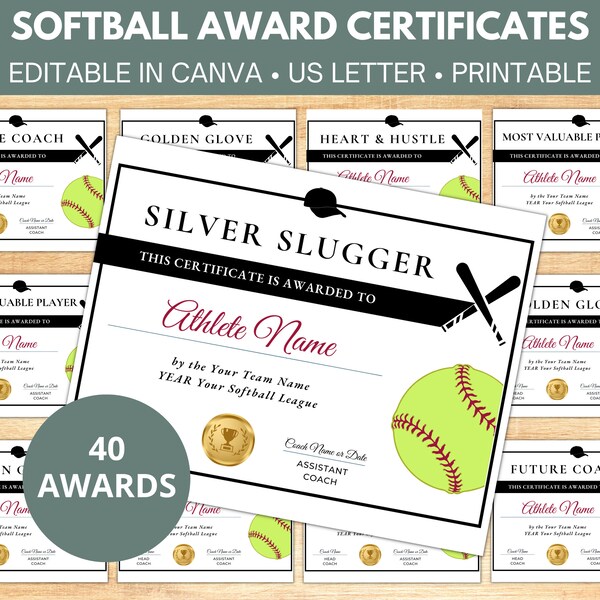 Softball Award Certificate Template - Etsy