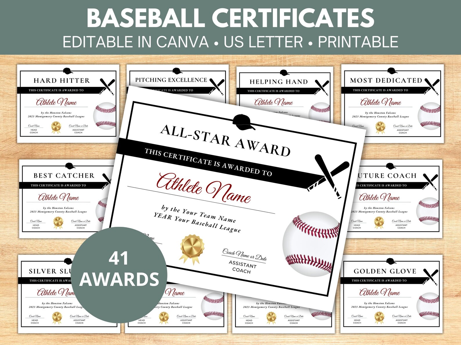Editable Baseball Award Certificate Template | Canva Template | End of ...
