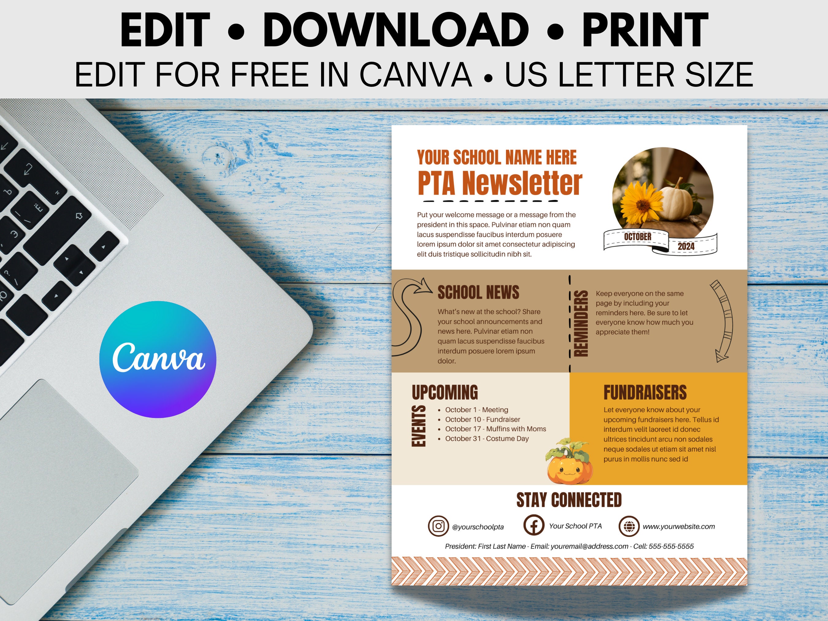 PTA PTO Newsletter Editable Template Bundle | 12 Monthly Themed Canva ...
