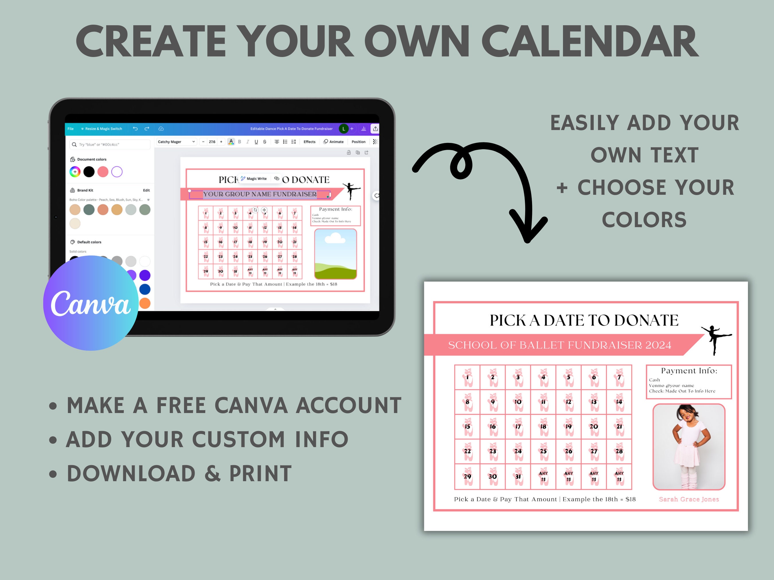 Editable Dance Calendar Fundraiser | Pay for Your Day | Personalized ...