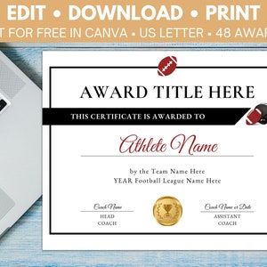 Editable Football Award Certificates | Canva Template | Printable End ...