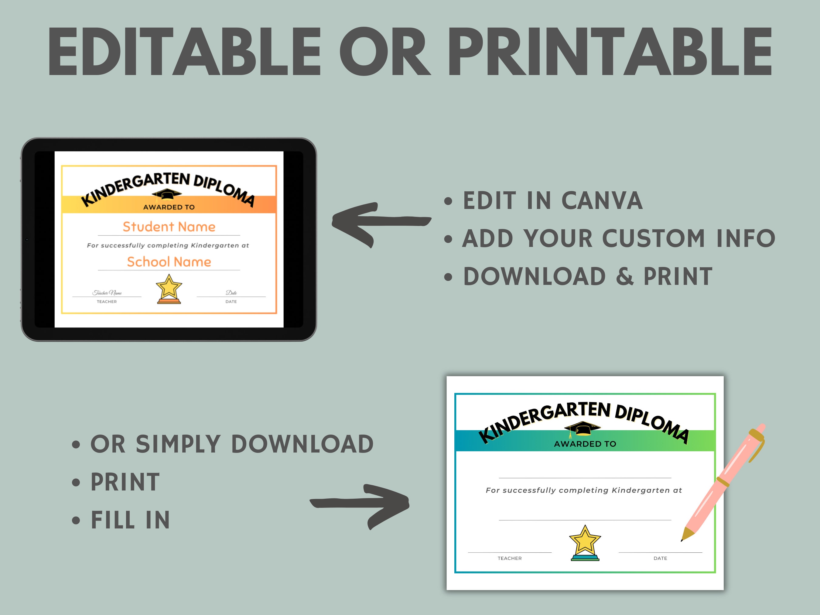 Editable Kindergarten Diploma Template | Printable Diploma | Canva ...