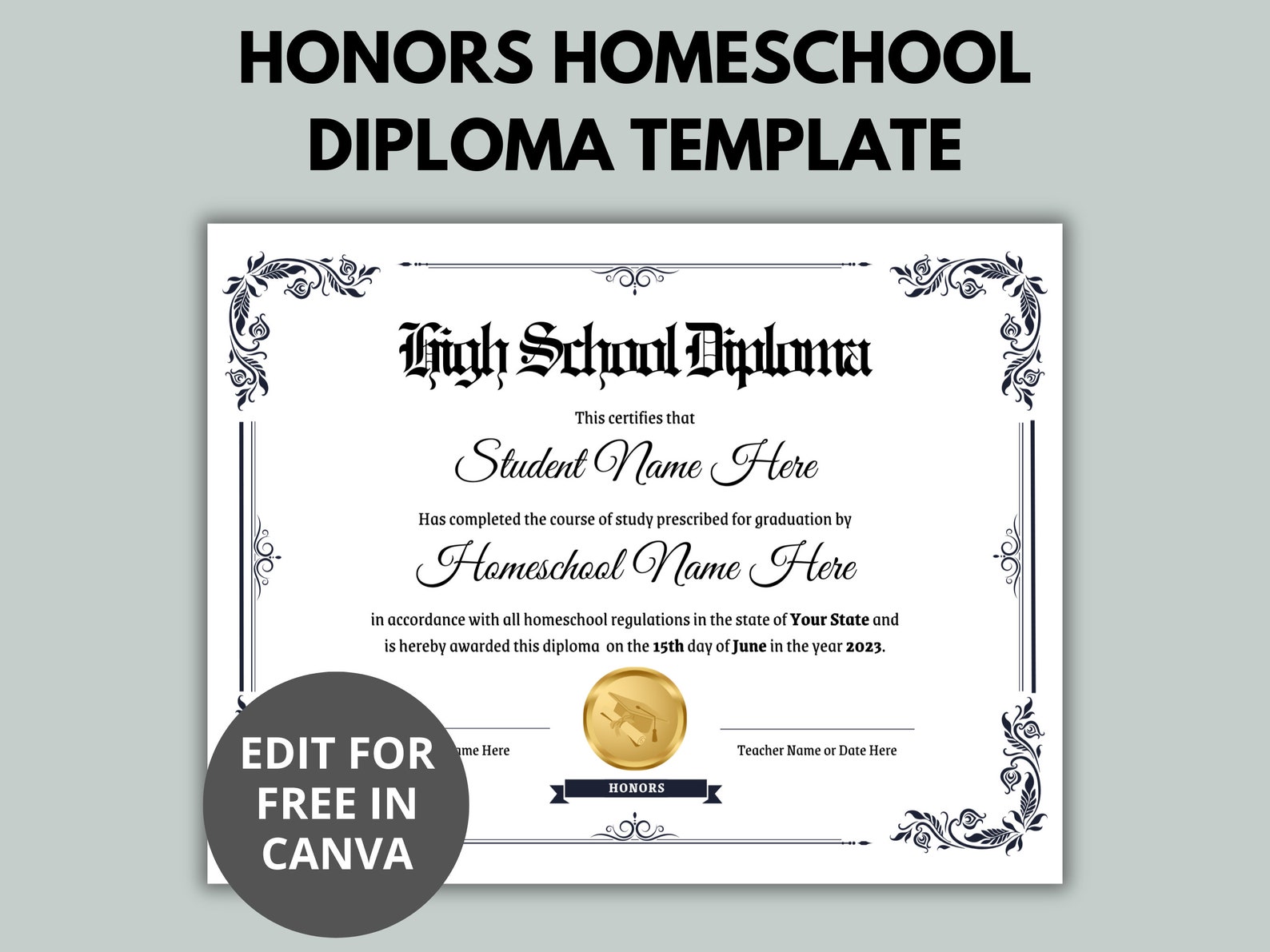 Editable Honors Homeschool Diploma Template | Homeschool Diploma | High ...