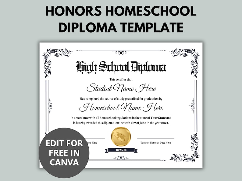 Editable Honors Homeschool Diploma Template | Homeschool Diploma | High ...