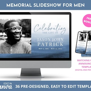 Blue Funeral Photo Slideshow Template for Male Memorial - Etsy