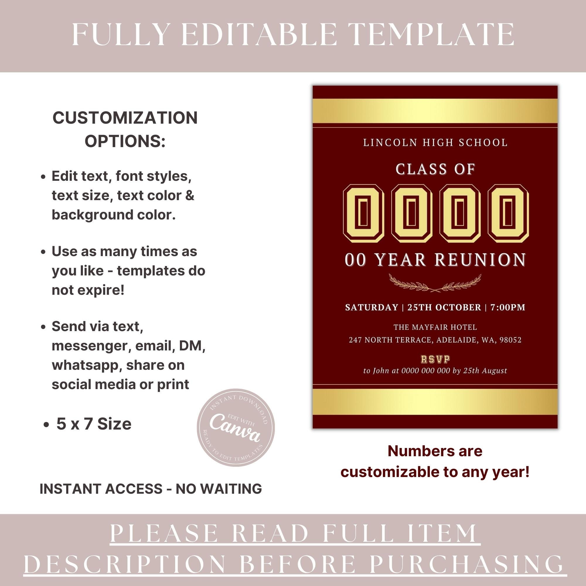 Maroon and Gold Class Reunion Invitation TEMPLATE, 10th 20th 30th 40th ...